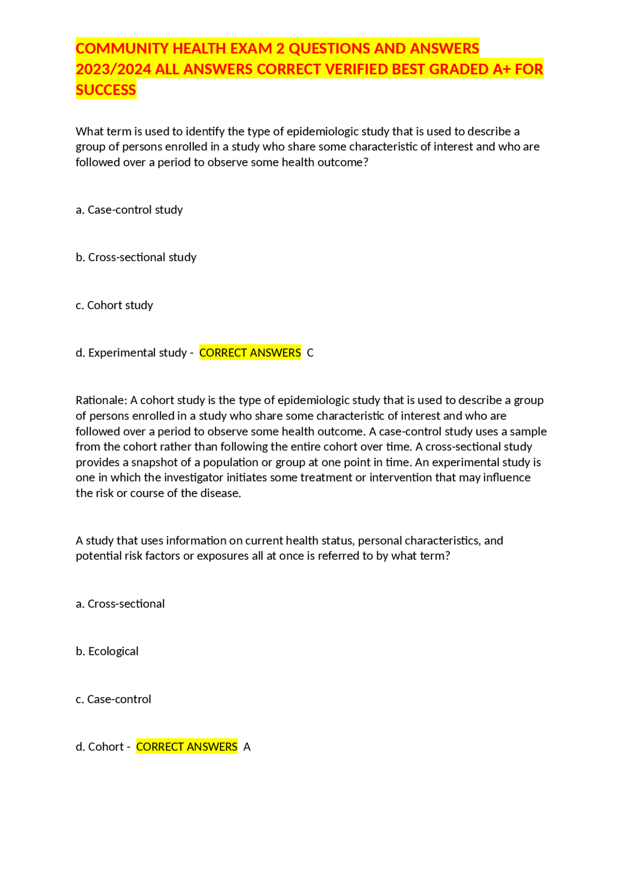 COMMUNITY HEALTH EXAM 2 QUESTIONS AND ANSWERS 2023/2024 ALL ANSWERS ...