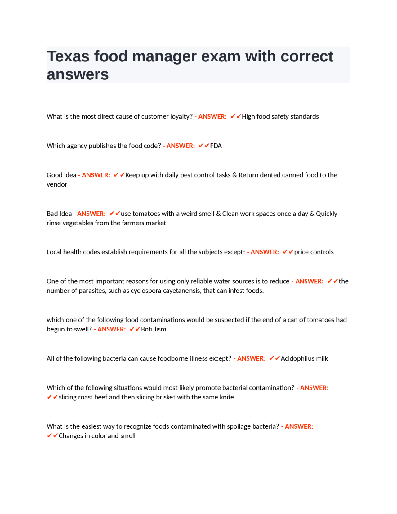 Food Safety Exam Questions and Answers | Exams Food science | Docsity