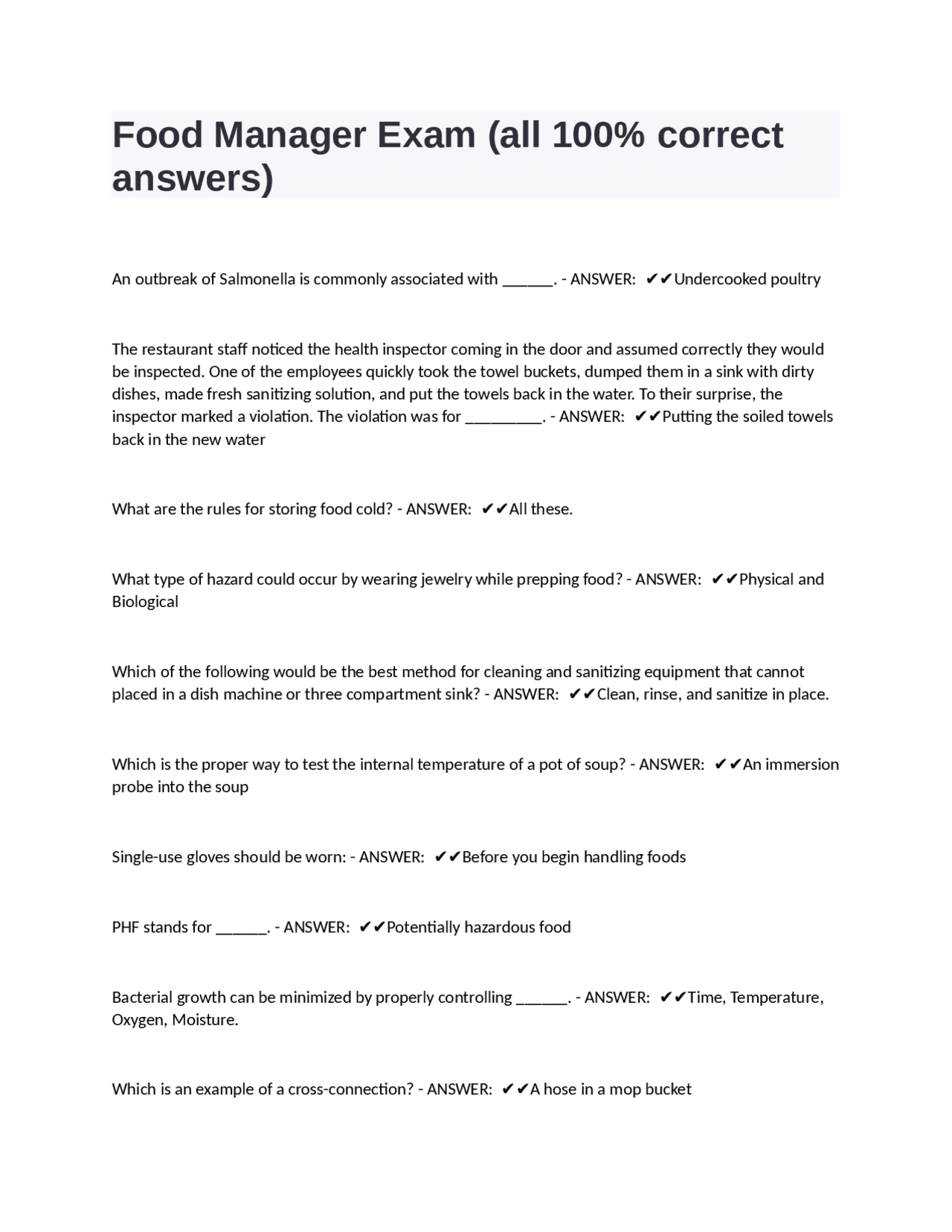 Food Manager Exam (all 100% correct answers) | Exams Food science | Docsity