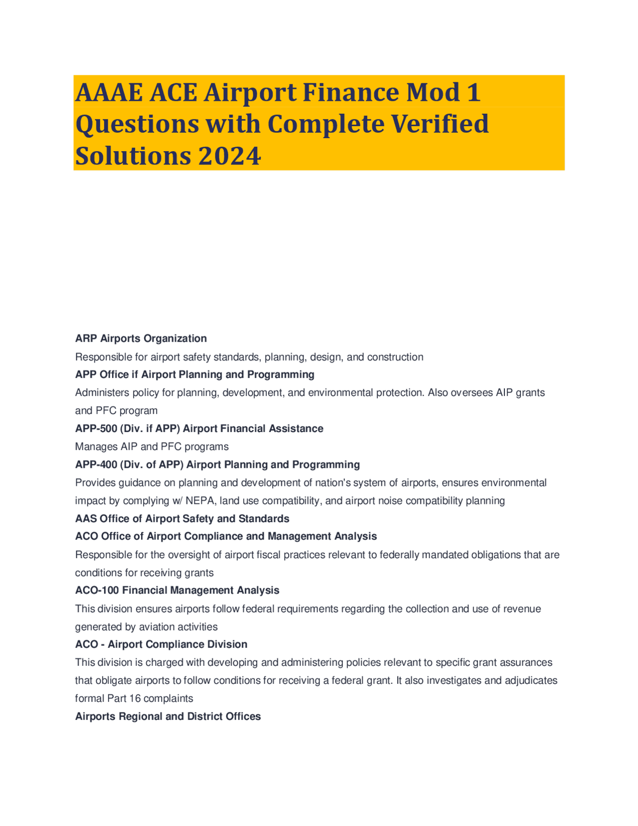 AAAE ACE Airport Finance Mod 1 Questions with Complete Verified ...