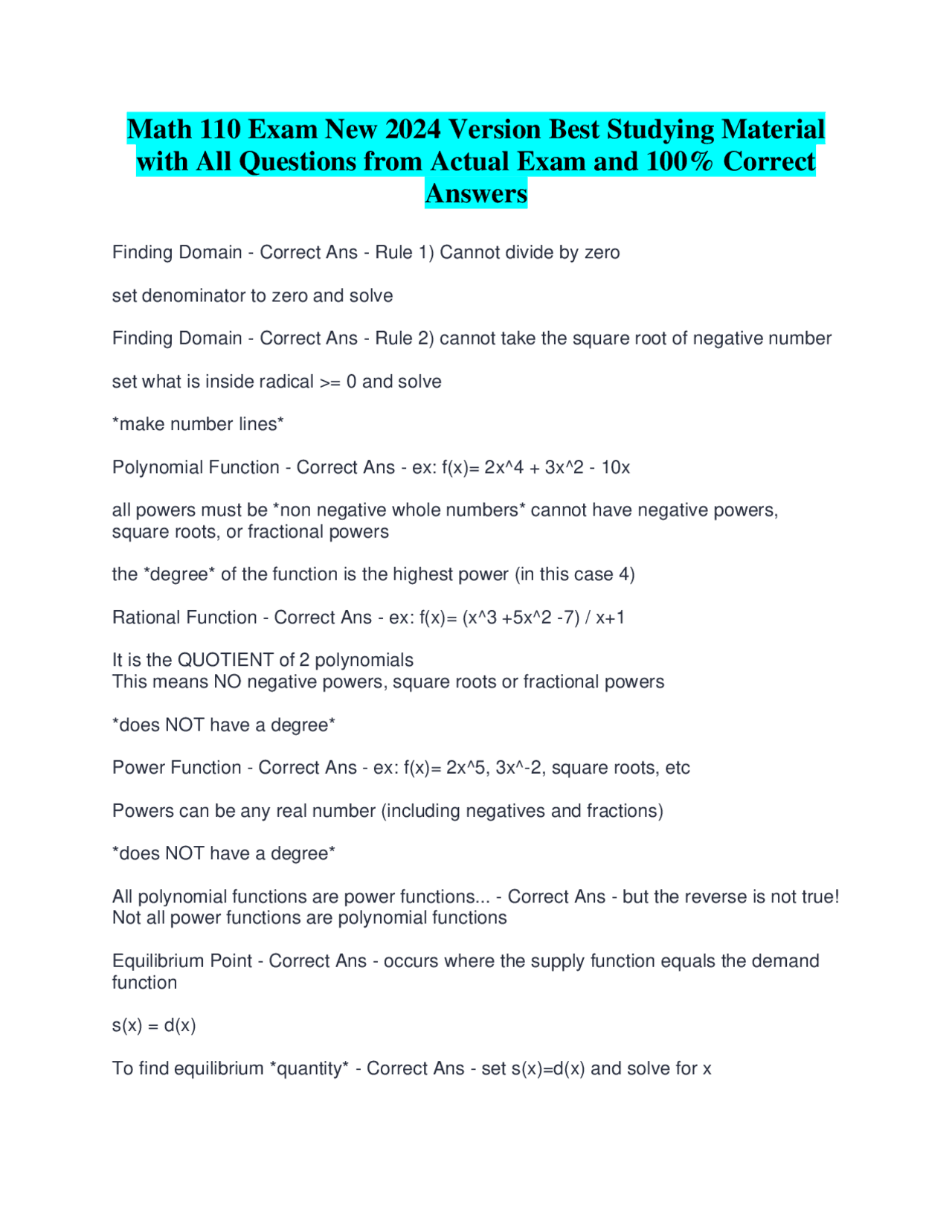 Math 110 Exam New 2024 Version Best Studying Material with All ...