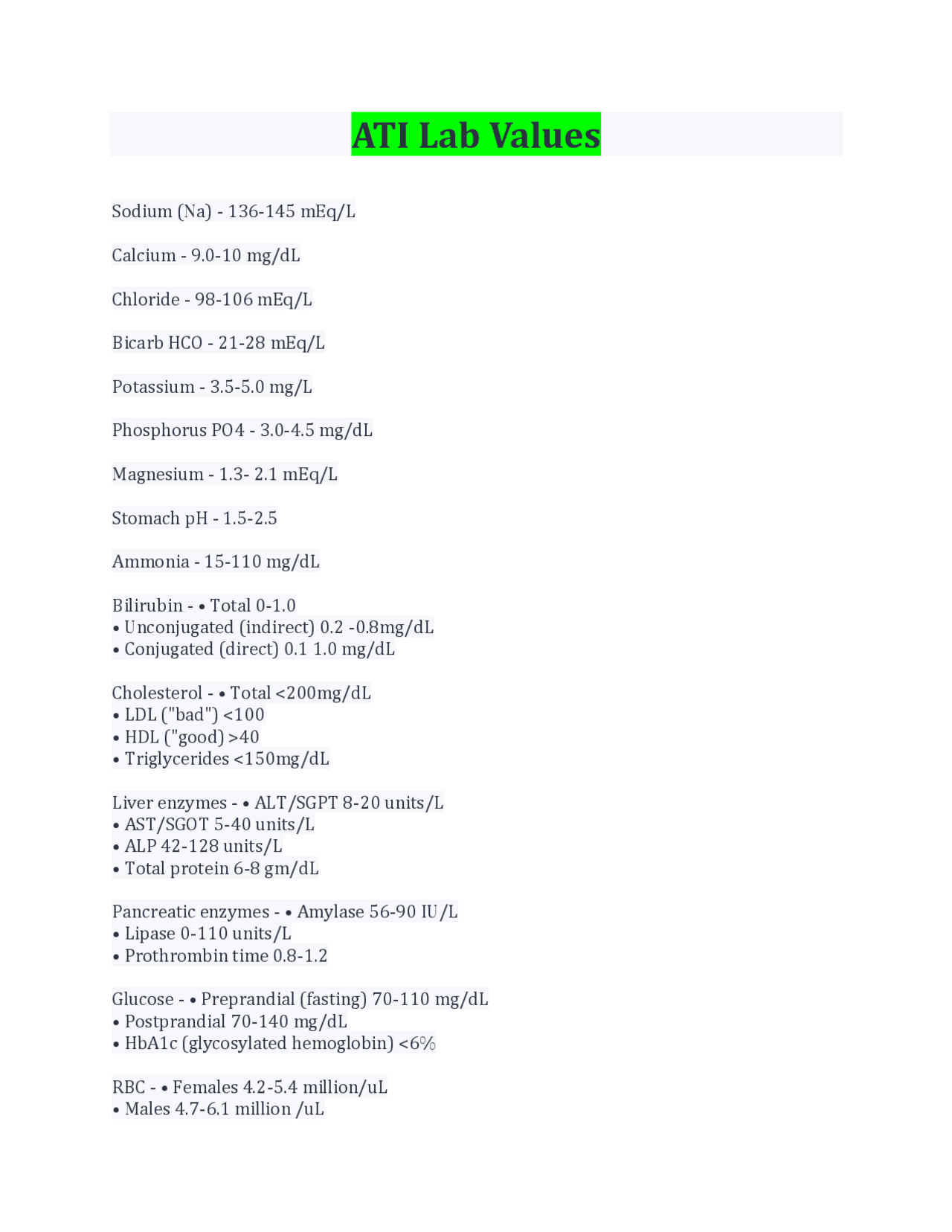 ATI Lab Values With Complete Solution | Exams Health sciences | Docsity