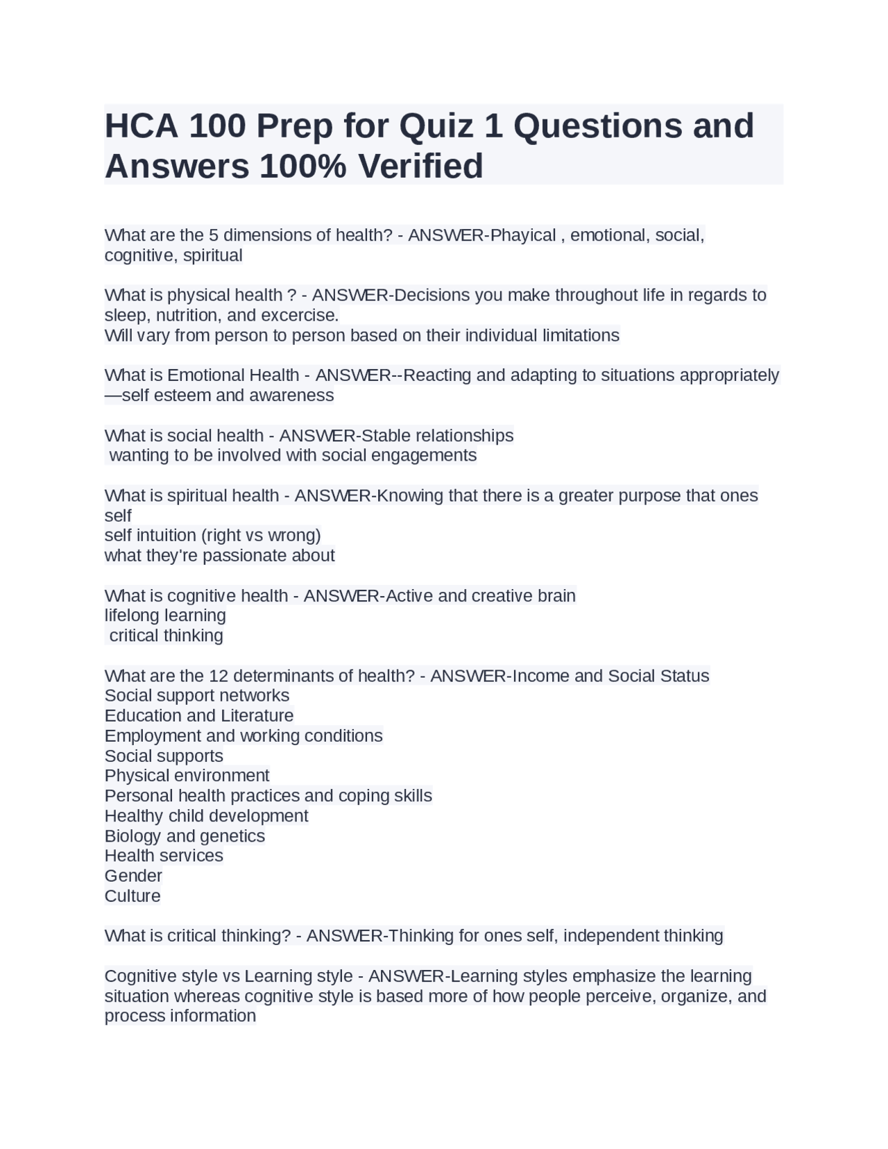 HCA 100 Prep for Quiz 1 Questions and Answers 100% Verified | Exams Nursing | Docsity