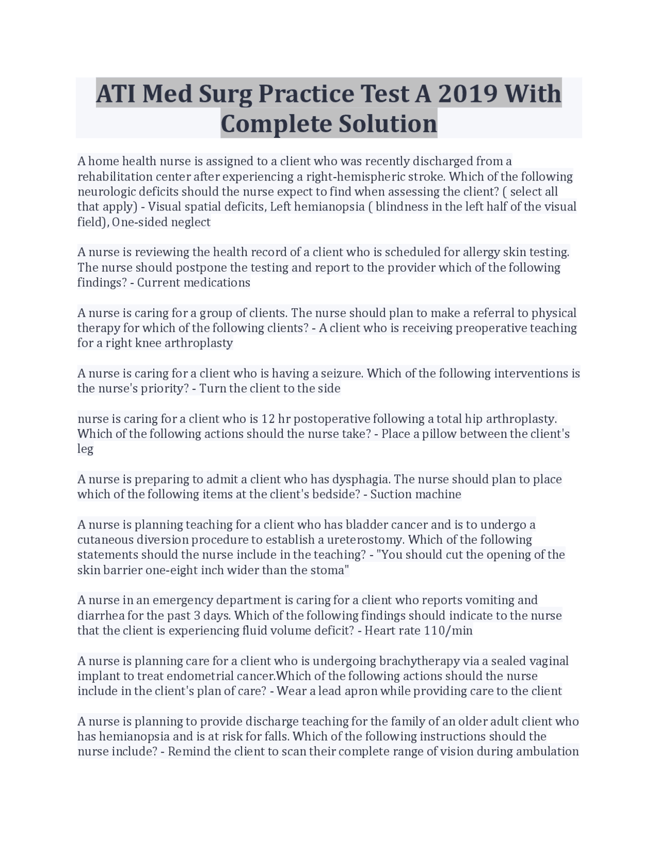 ATI Med Surg Practice Test A 2019 With Complete Solution | Exams Health ...