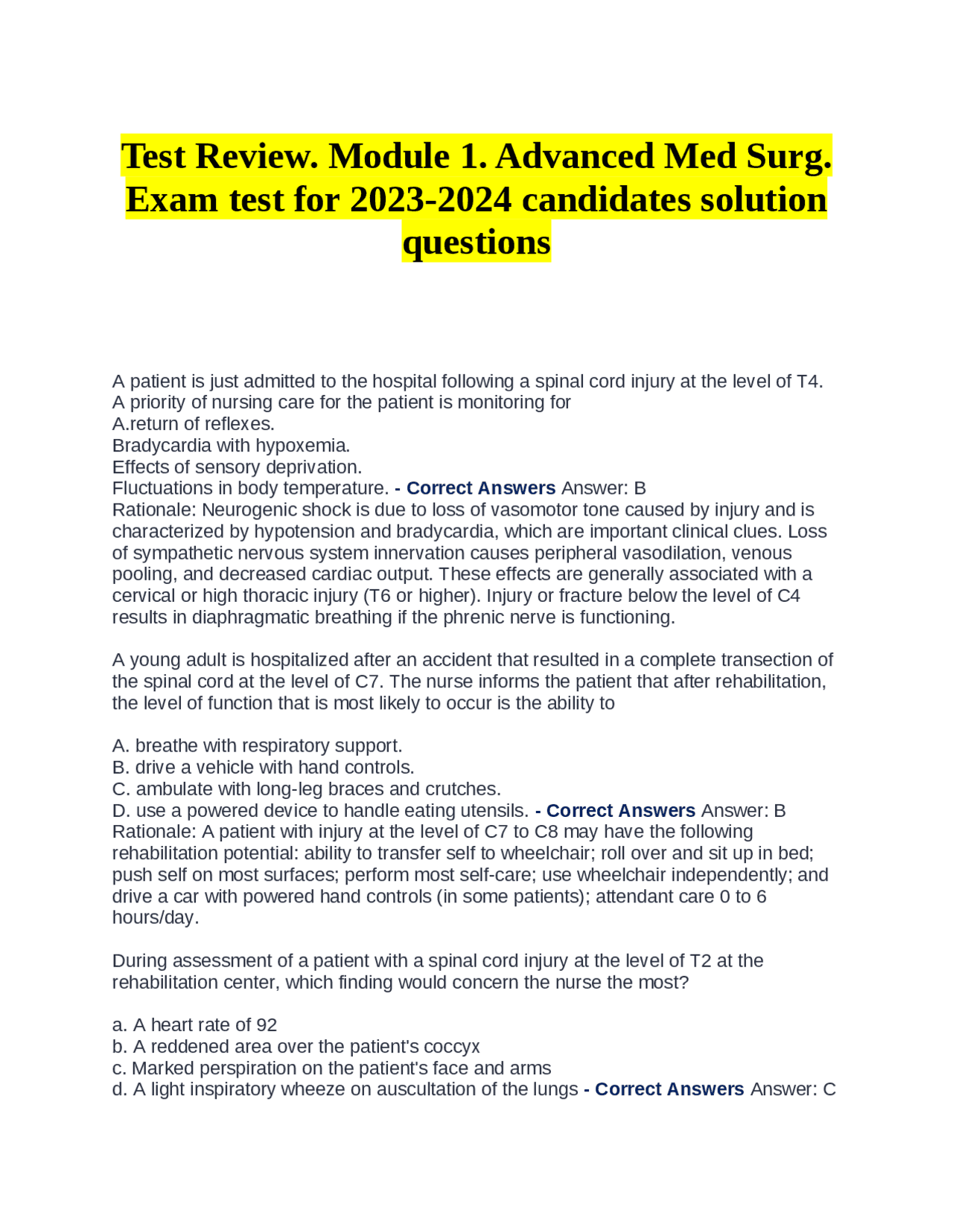 Test Review. Module 1. Advanced Med Surg. Exam test for 2023-2024 ...