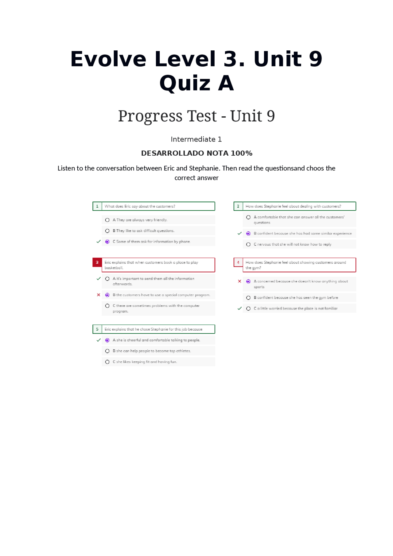 Evolve Level 3. Unit 9 Quiz A Progress Test - Unit 9 Intermediate 1 ...