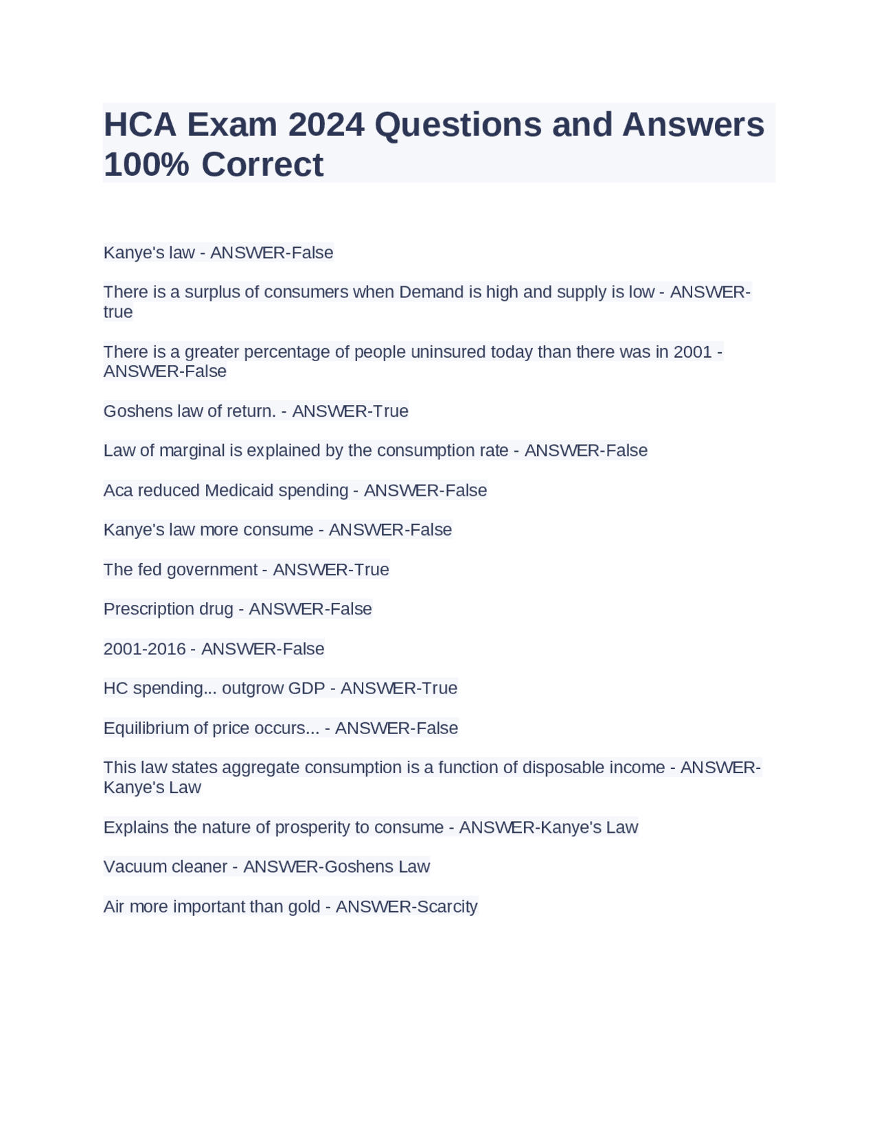HCA Exam 2024 Questions and Answers 100% Correct | Exams Nursing | Docsity