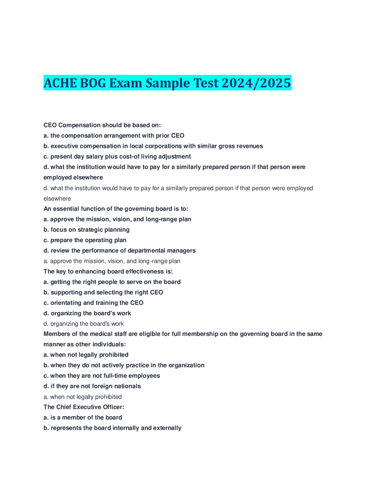 ACHE BOG Exam Sample Test 2024/2025 | Exams Business Administration ...
