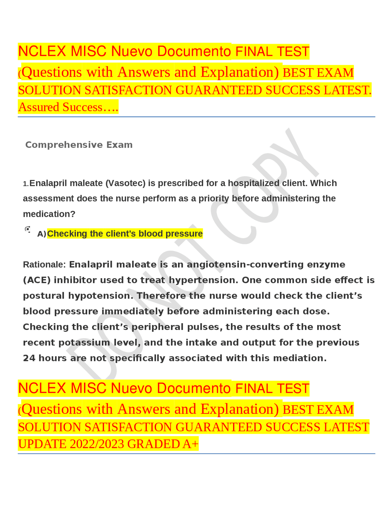 NCLEX MISC Nuevo Documento FINAL TEST (Questions with Answers and ...