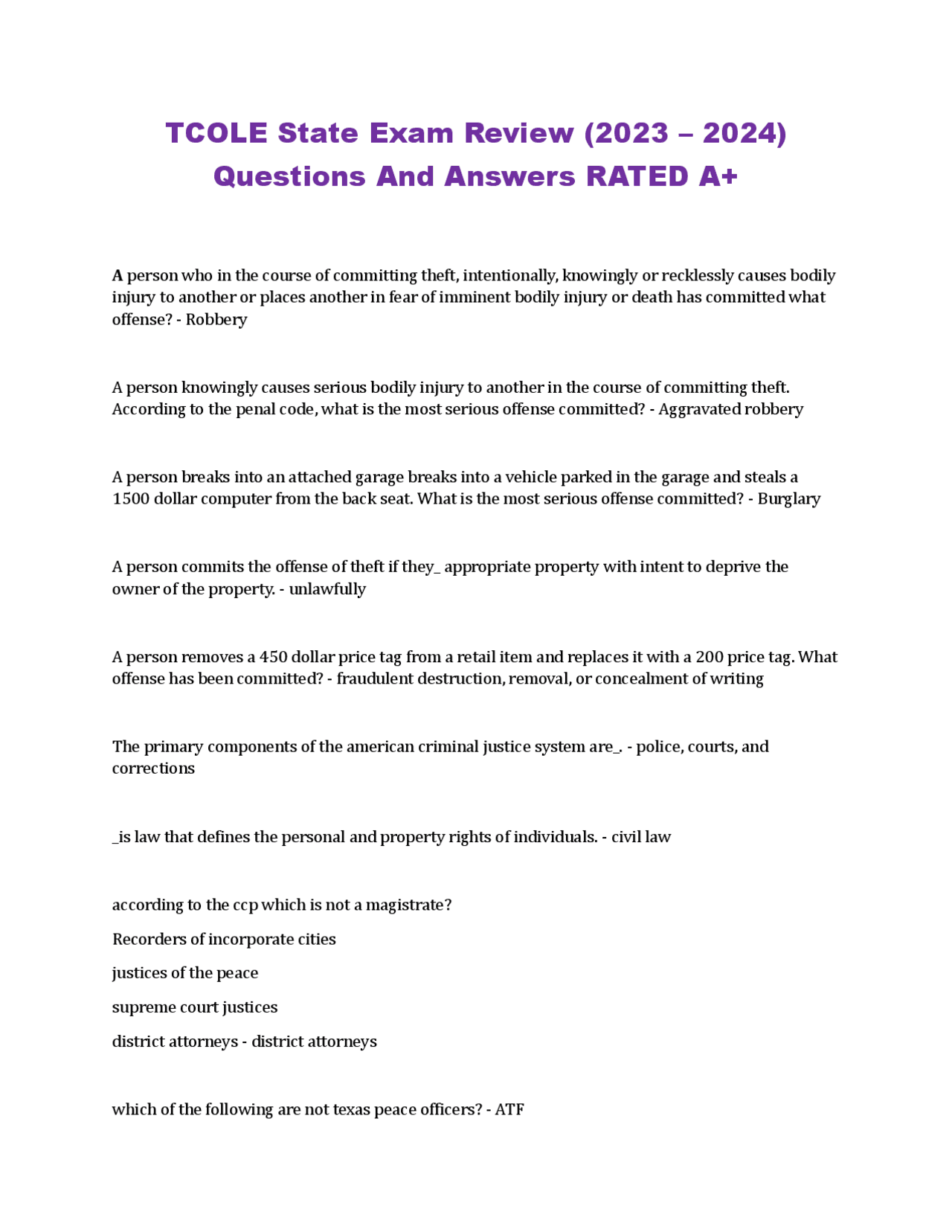 TCOLE State Exam Review (2023 – 2024) Questions And Answers RATED A+ ...