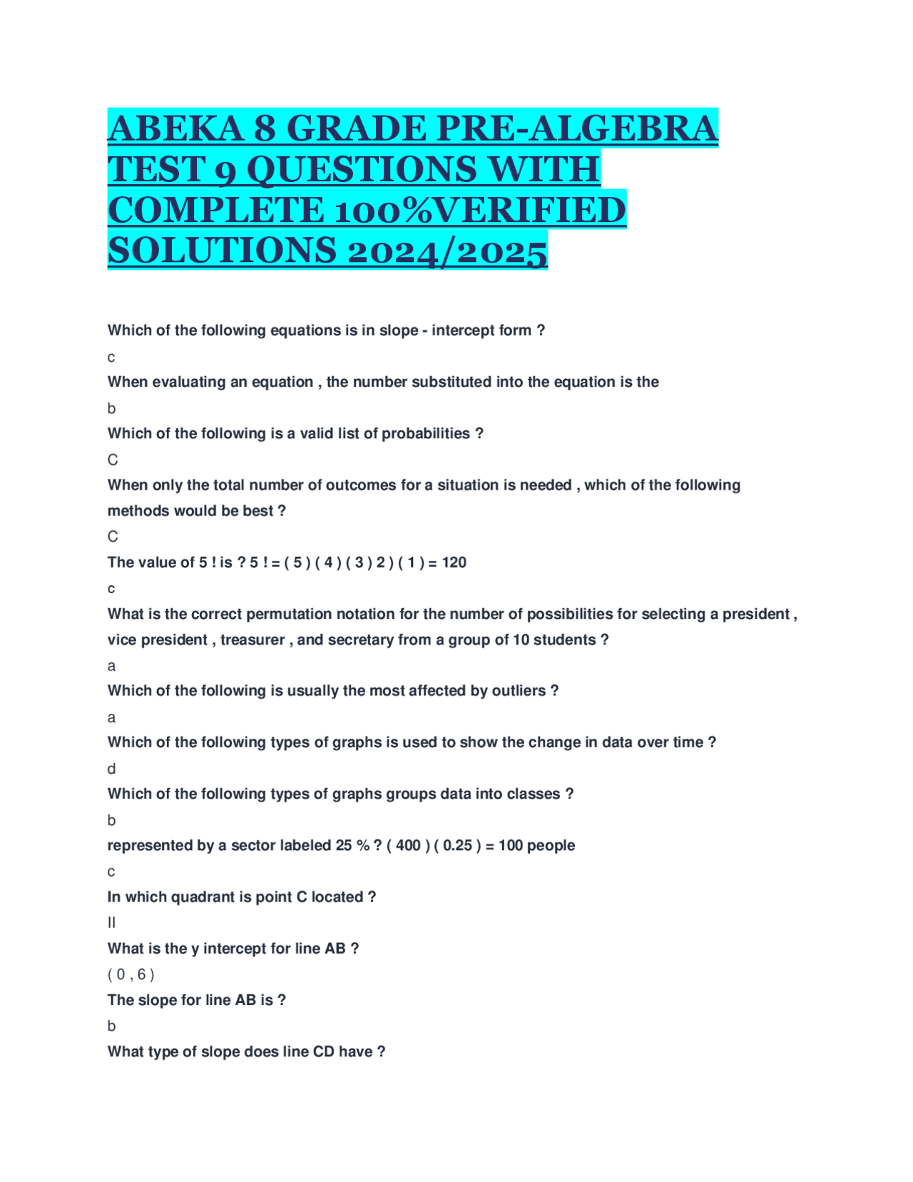 ABEKA 8 GRADE PRE-ALGEBRA TEST 9 QUESTIONS WITH COMPLETE 100%VERIFIED ...