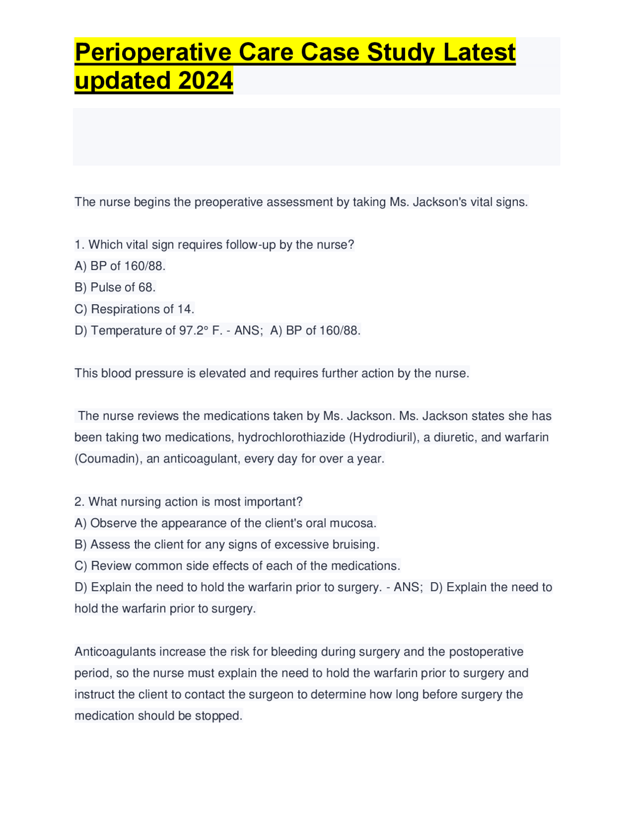 Perioperative Care Case Study Latest updated 2024 | Exams Nursing | Docsity