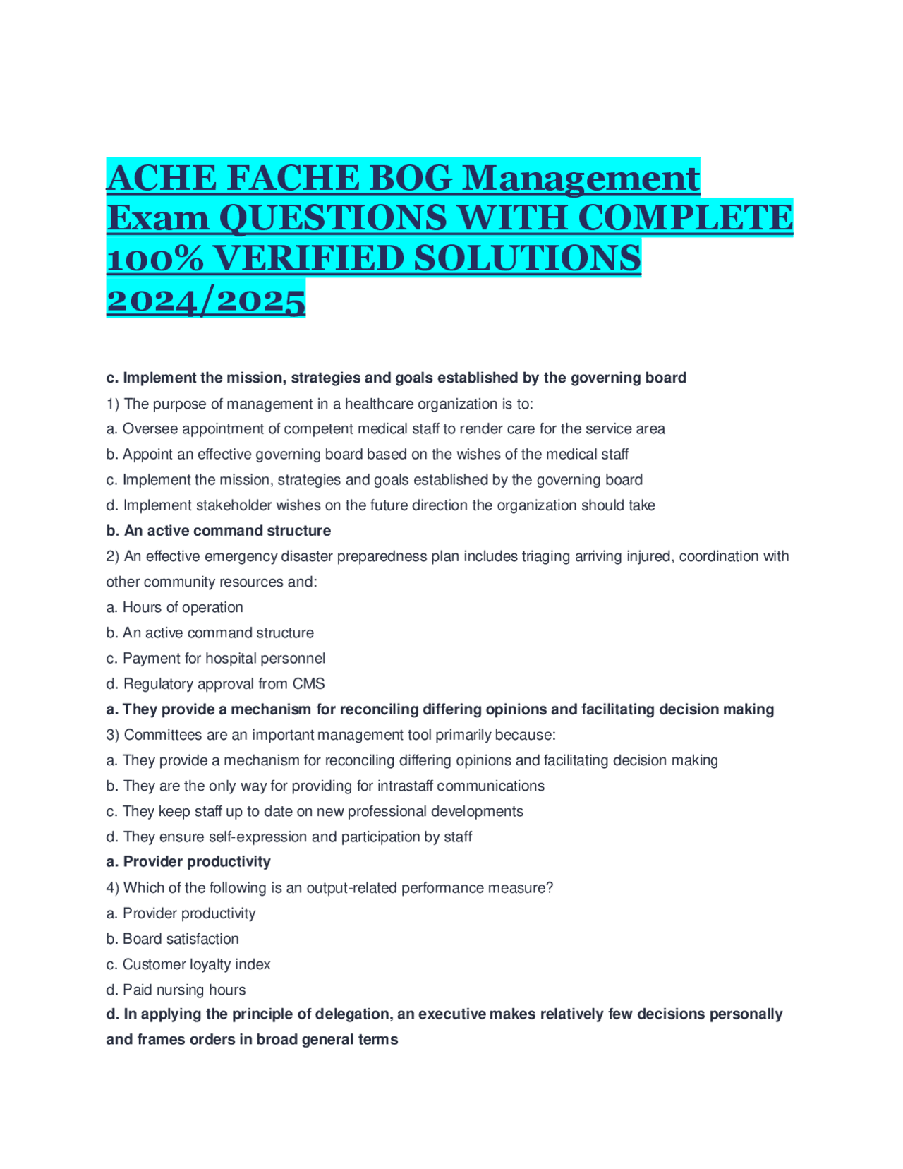 ACHE FACHE BOG Management Exam QUESTIONS WITH COMPLETE 100% VERIFIED ...