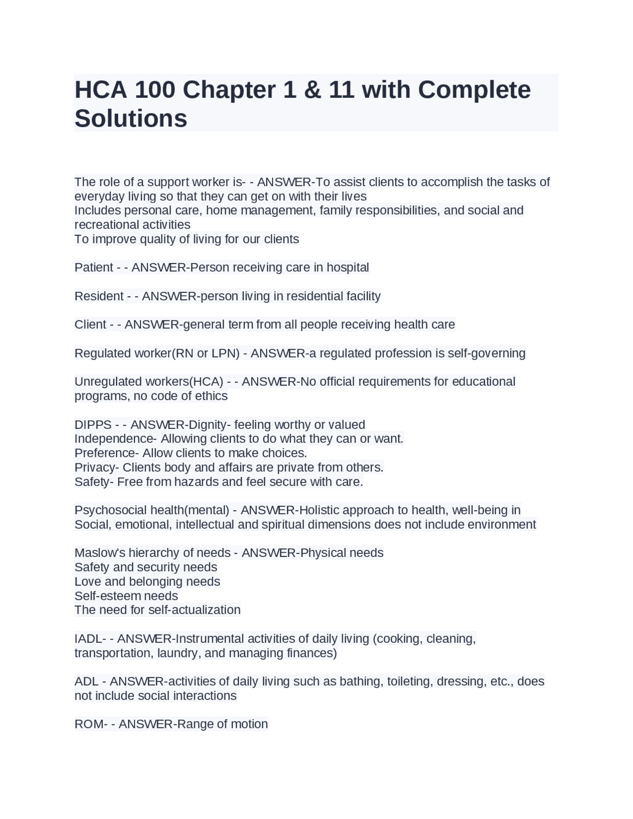 HCA 100 Chapter 1 & 11 with Complete Solutions | Exams Community Health ...