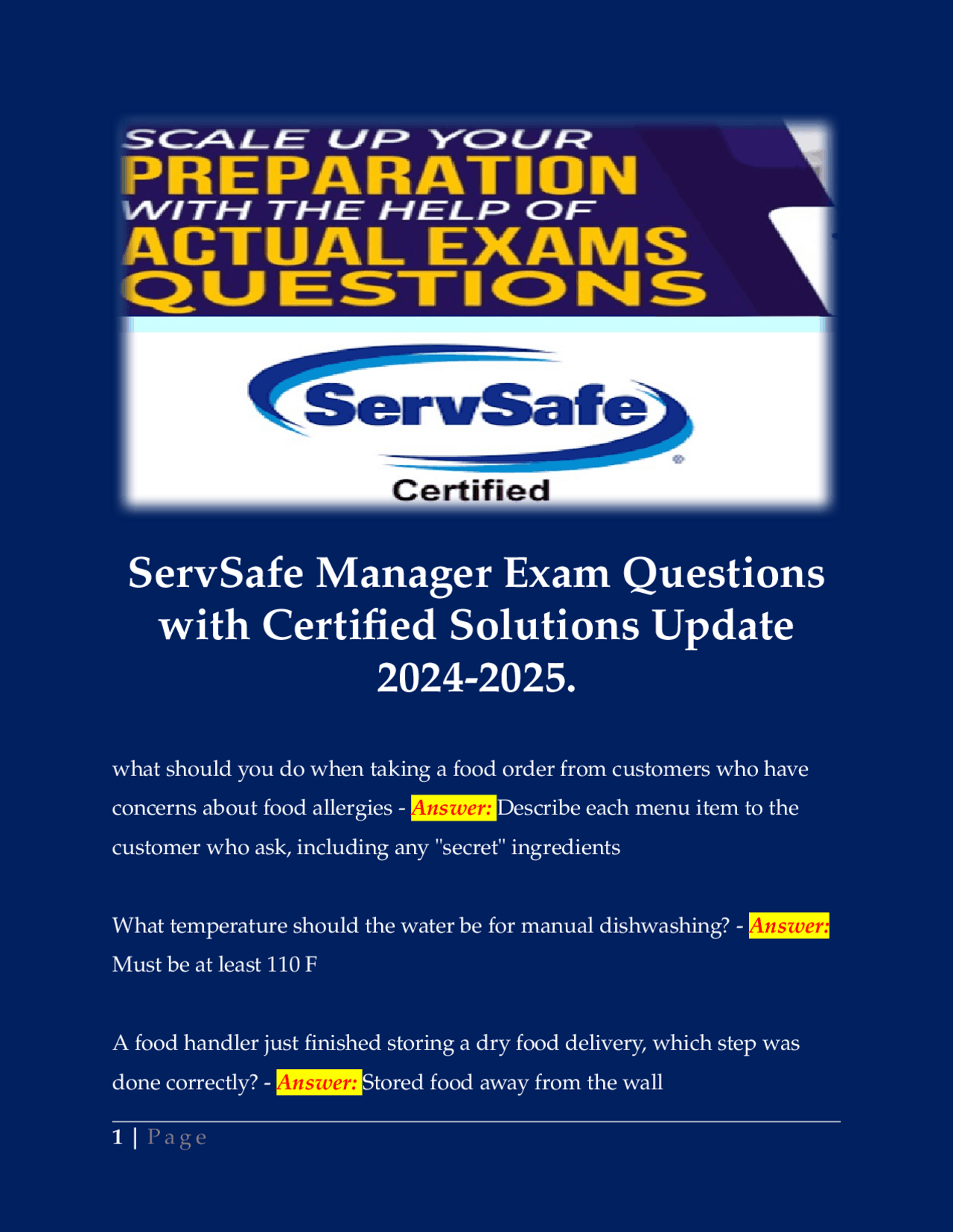 ServSafe Manager Exam Questions with Certified Solutions Update 2024 ...