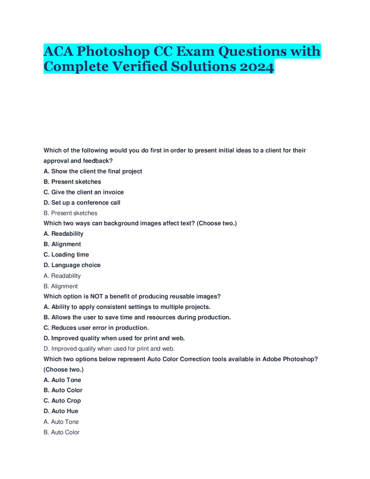 Photoshop CC Exam Questions with Solutions 2024 | Exams Computer ...