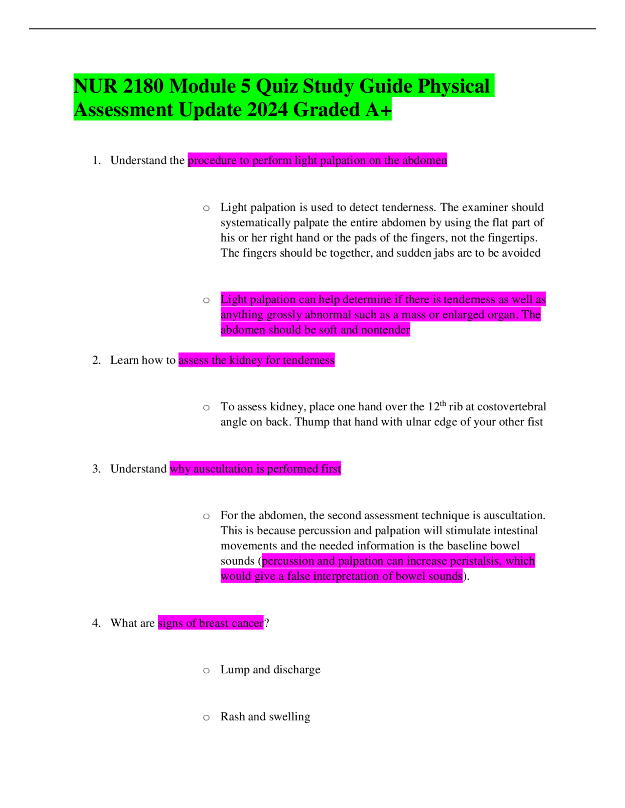 NUR 2180 Module 5 Quiz Study Guide Physical Assessment Update 2024 ...