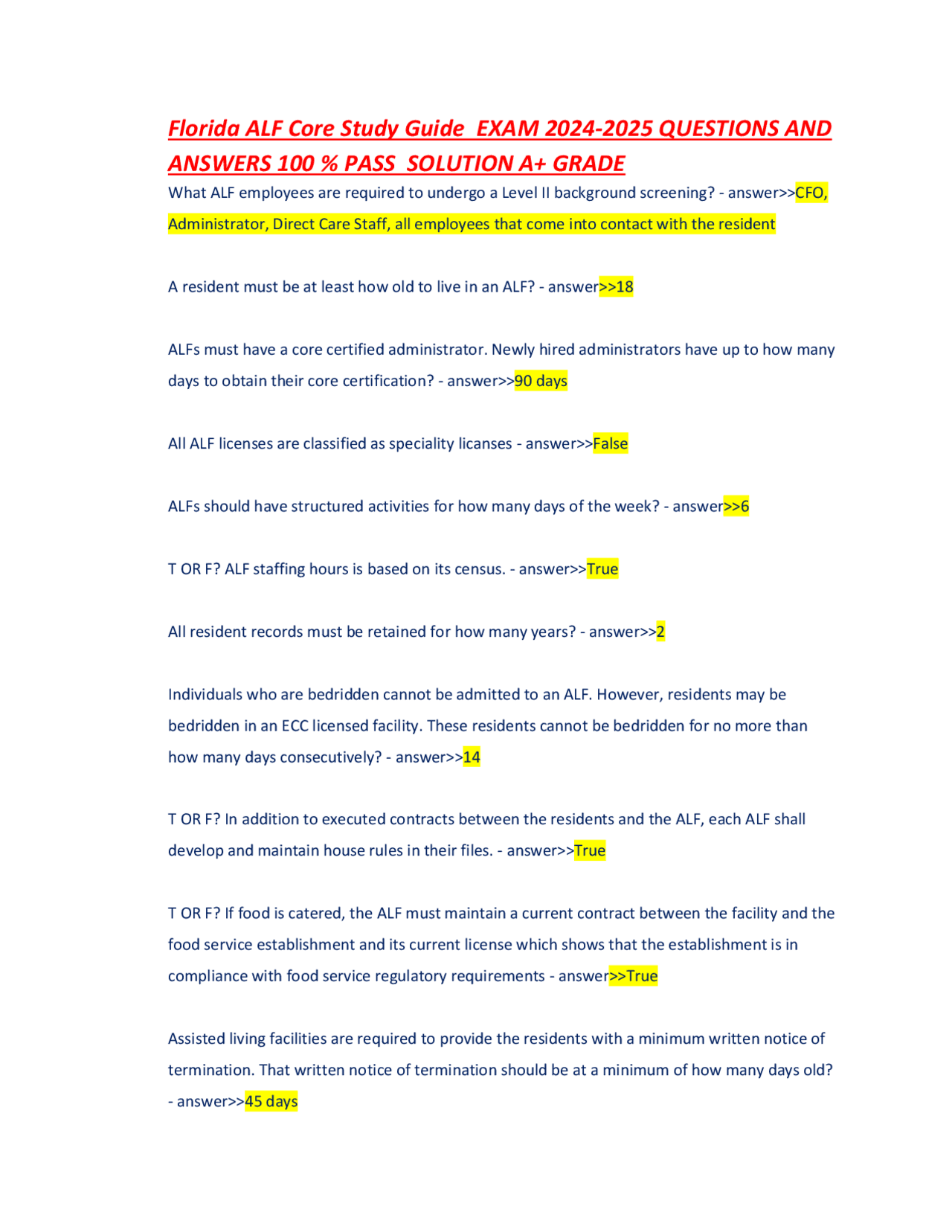 Florida ALF Core Study Guide EXAM 2024.pdf | Exams Public Health | Docsity