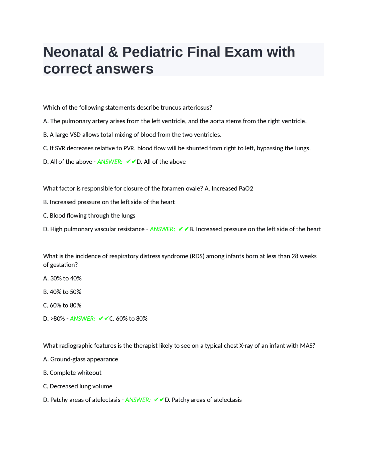Neonatal & Pediatric Final Exam with correct answers | Exams Nursing ...