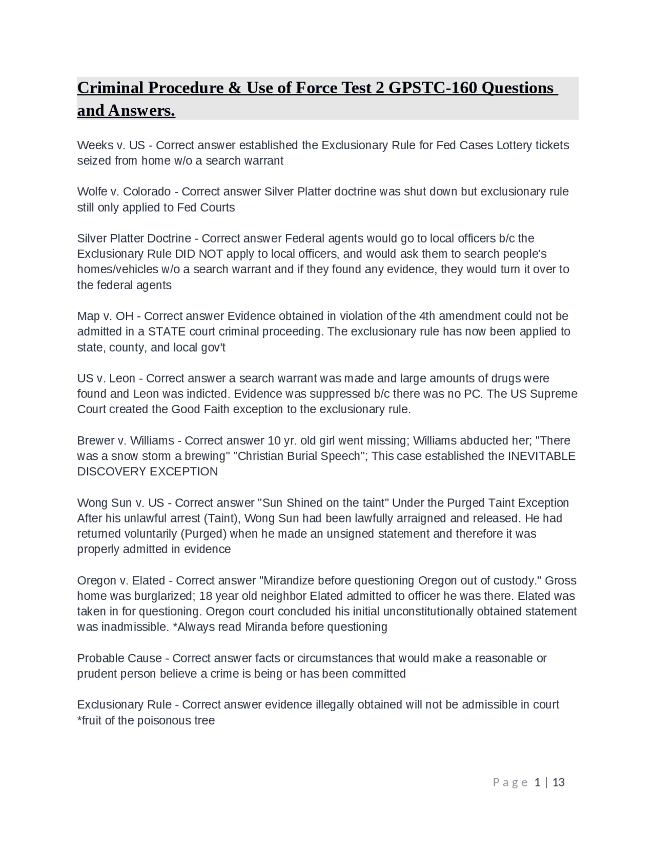 Criminal Procedure & Use of Force Test 2 GPSTC-160 Questions and ...