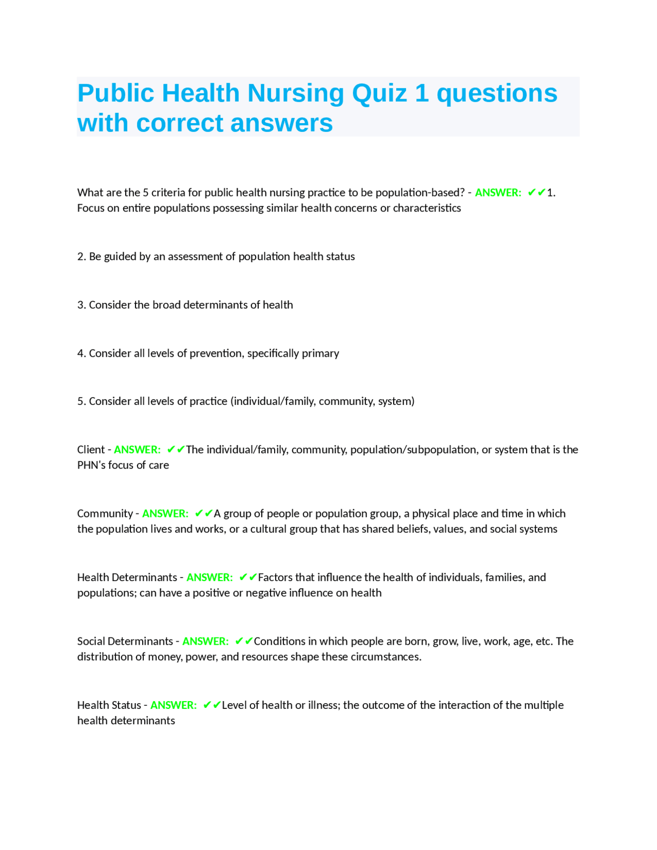 Public Health Nursing Quiz 1 questions with correct answers. | Exams ...