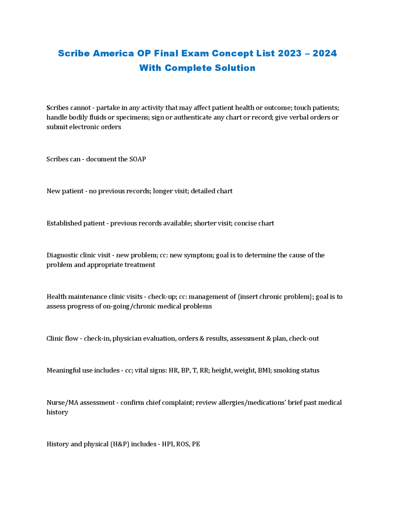 Scribe America OP Final Exam Concept List 2023 – 2024 With Complete ...