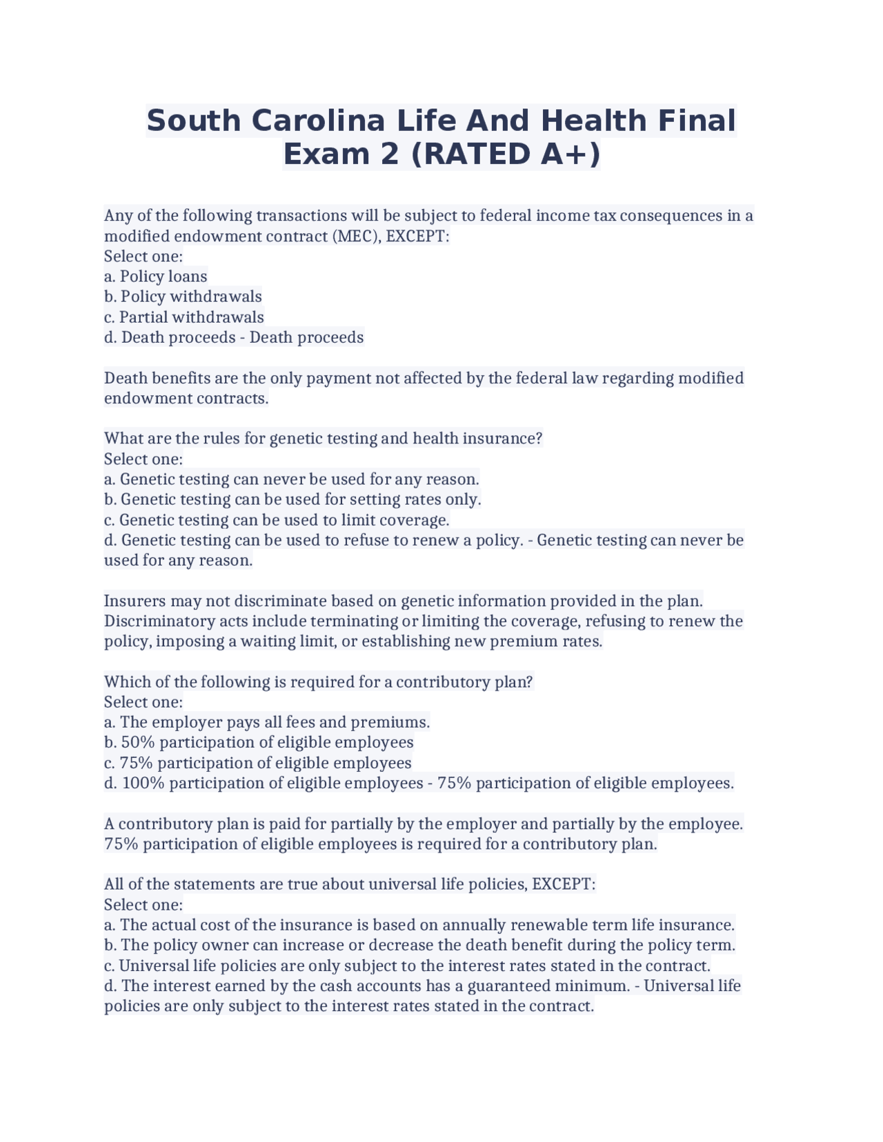 South Carolina Life And Health Final Exam 2 (RATED A+) | Exams Business ...