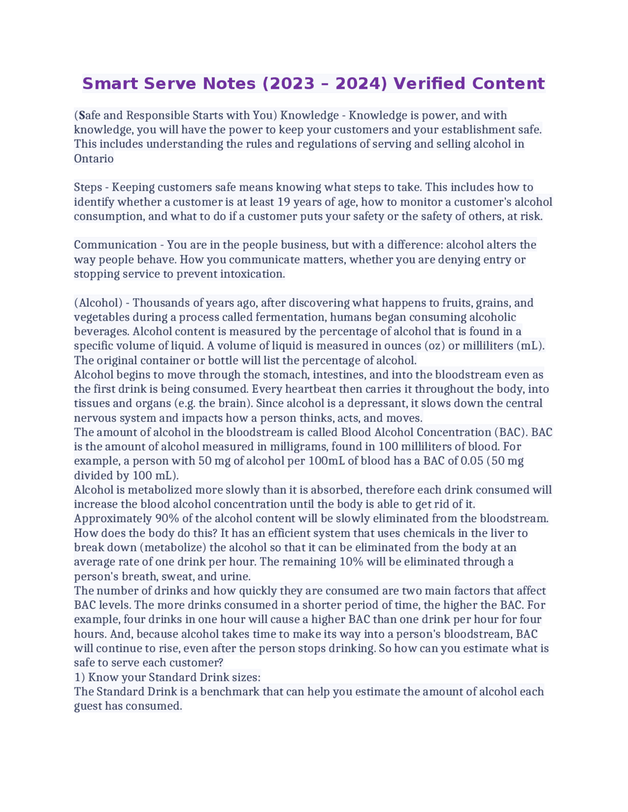 Smart Serve Notes (2023 – 2024) Verified Content | Exams Advanced ...