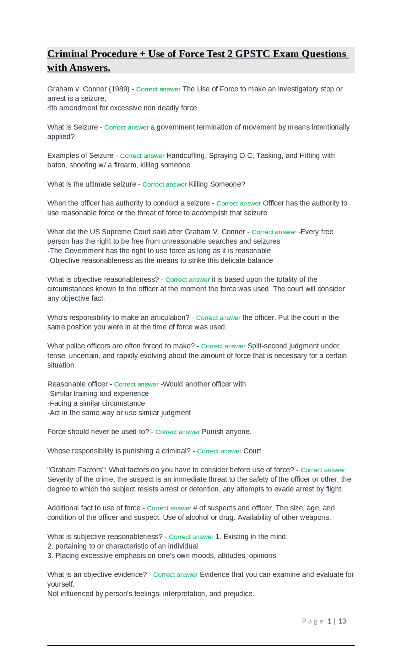 Criminal Procedure + Use of Force Test 2 GPSTC Exam Questions with ...