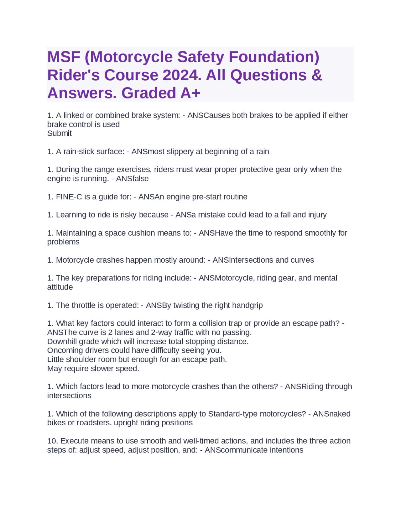 MSF (Motorcycle Safety Foundation) Rider's Course 2024. All Questions ...