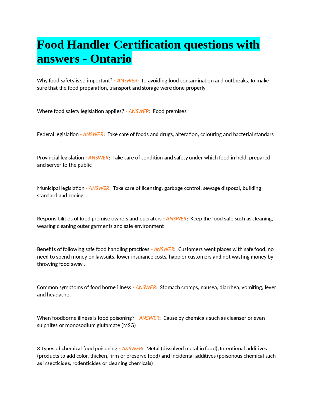 Food Handler Certification questions with answers | Exams Nutrition ...