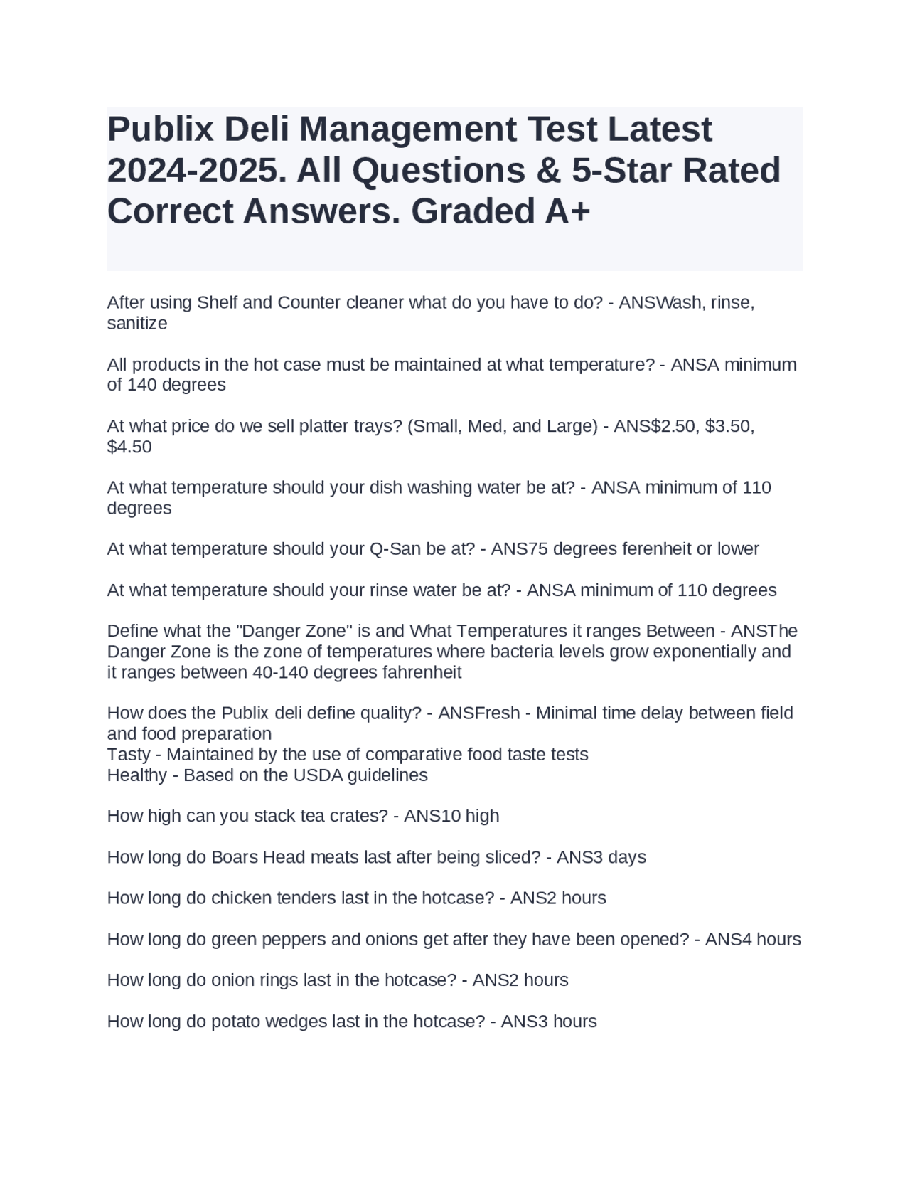 Publix Deli Management Test Latest 2024-2025.Questions & 5-Star Rated ...