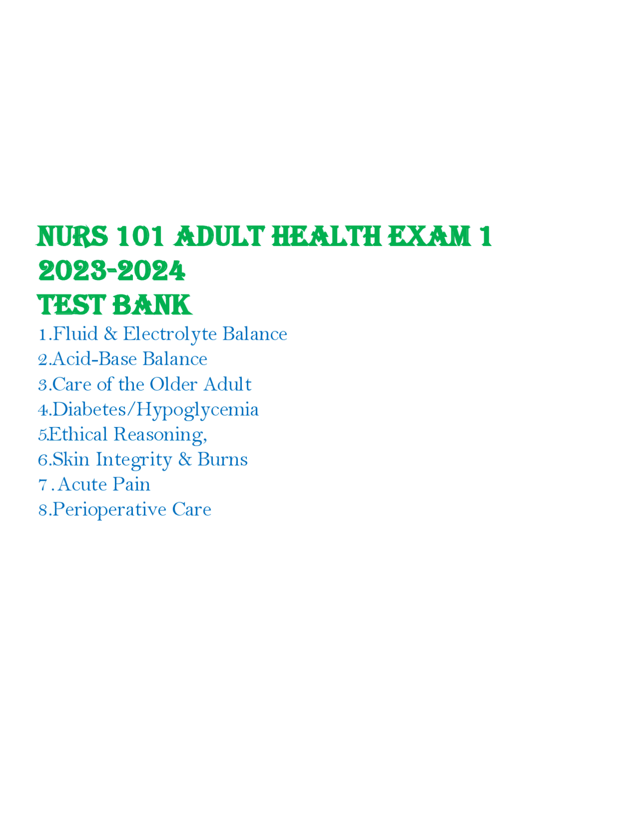 NURS 101 Adult Health Exam 1 2023-2024 | Study notes Nursing | Docsity