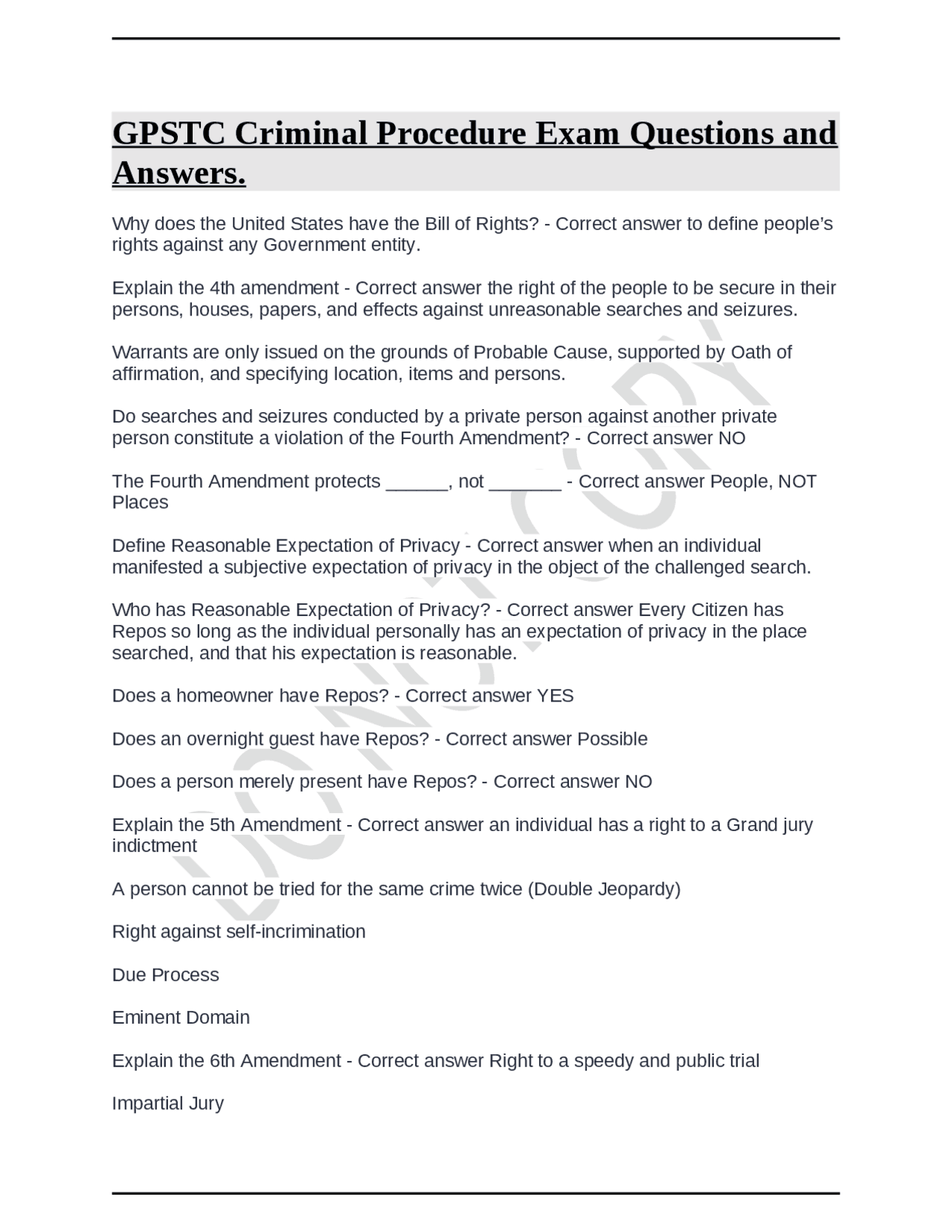 GPSTC Criminal Procedure Exam Questions and Answers. | Exams Criminal procedure | Docsity