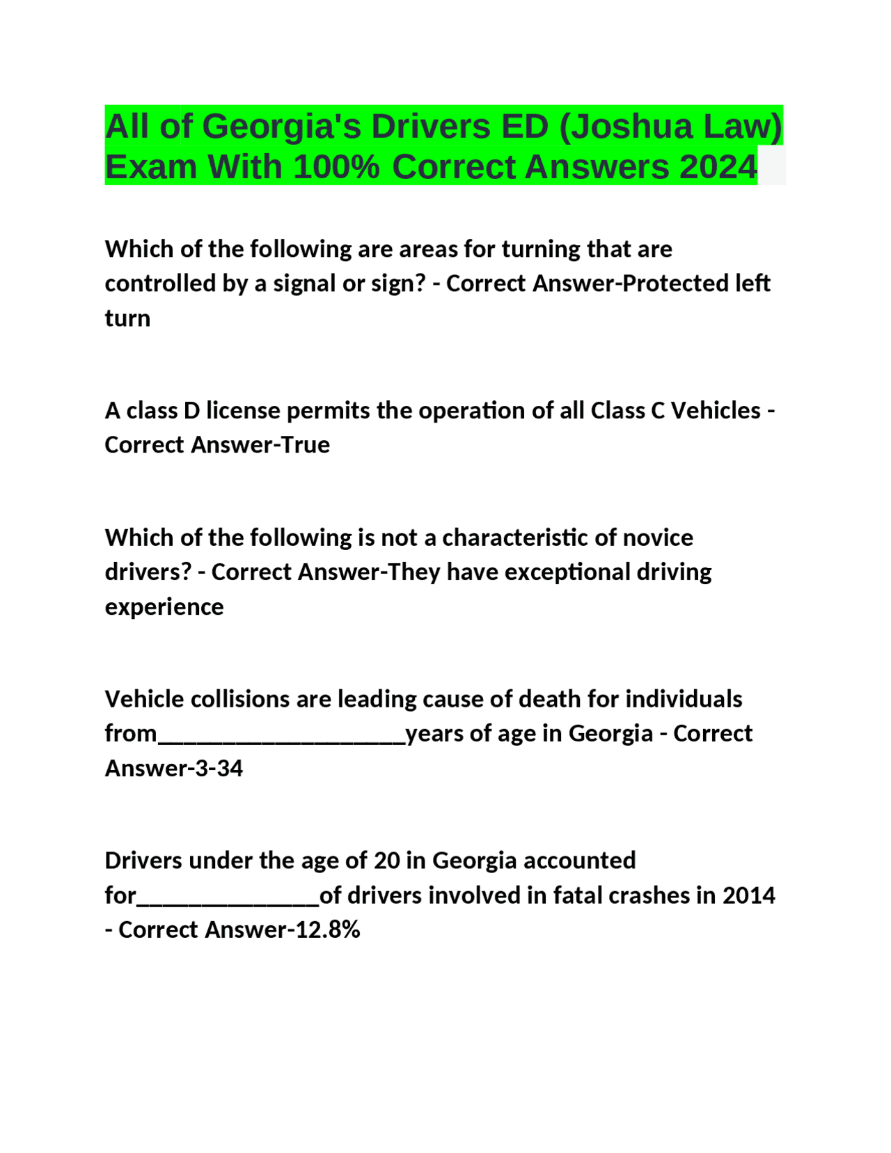 Georgia's Drivers ED Exam Answers 2024 | Exams Advanced Education | Docsity
