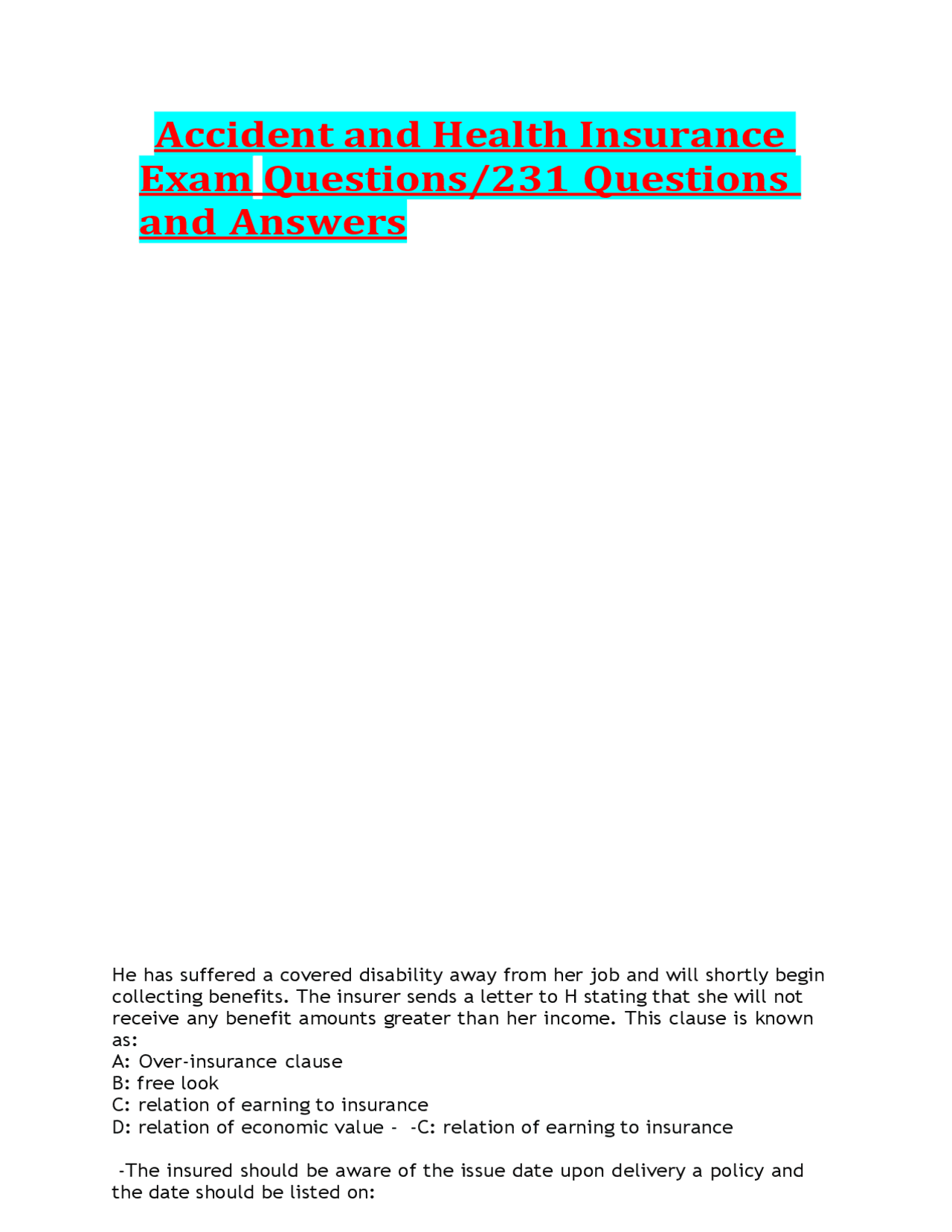 Accident and Health Insurance Exam Questions/231 Questions and Answers ...