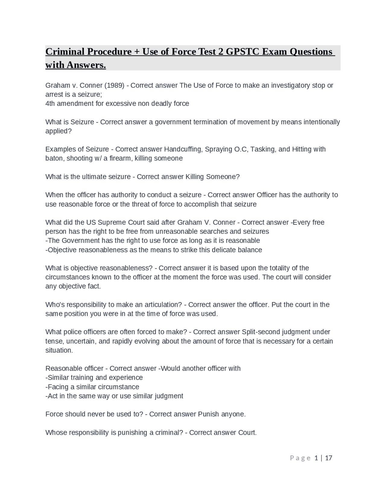 Criminal Procedure + Use of Force Test 2 GPSTC Exam Questions with ...