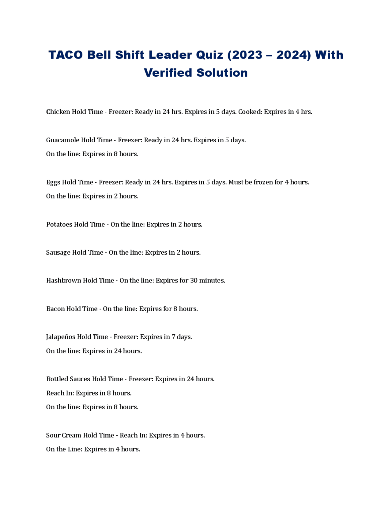 TACO Bell Shift Leader Quiz (2023 – 2024) With Verified Solution ...