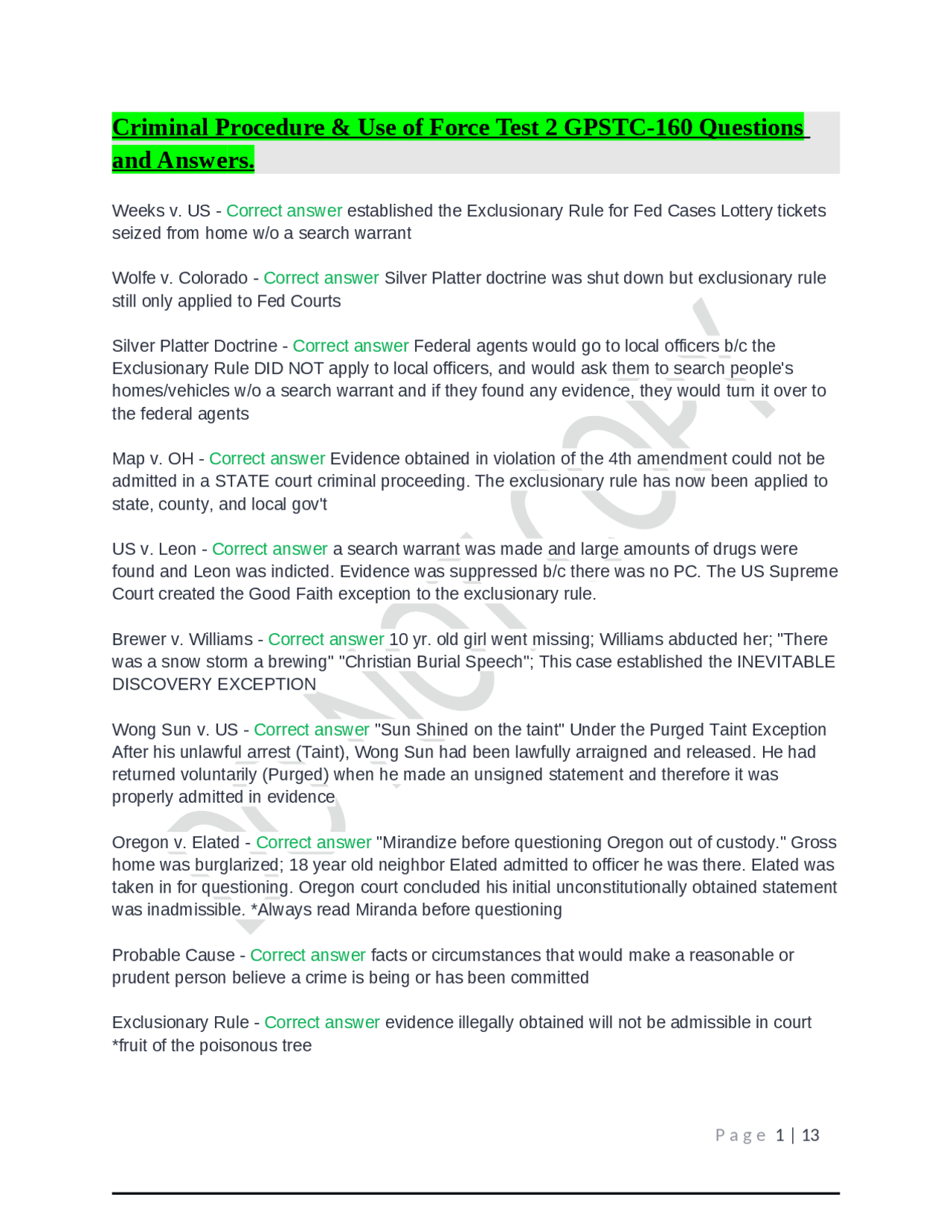 Criminal Procedure & Use of Force Test 2 GPSTC-160 Questions and ...