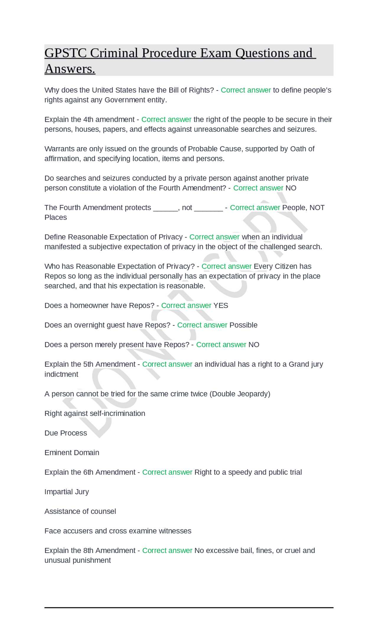 GPSTC Criminal Procedure Exam Questions and Answers. | Exams Criminal procedure | Docsity