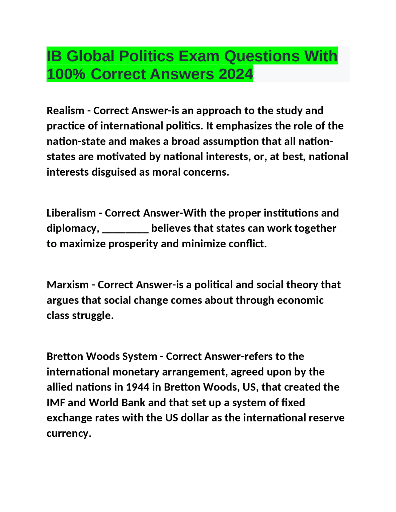 IB Global Politics Exam Questions With 100% Correct Answers 2024 ...