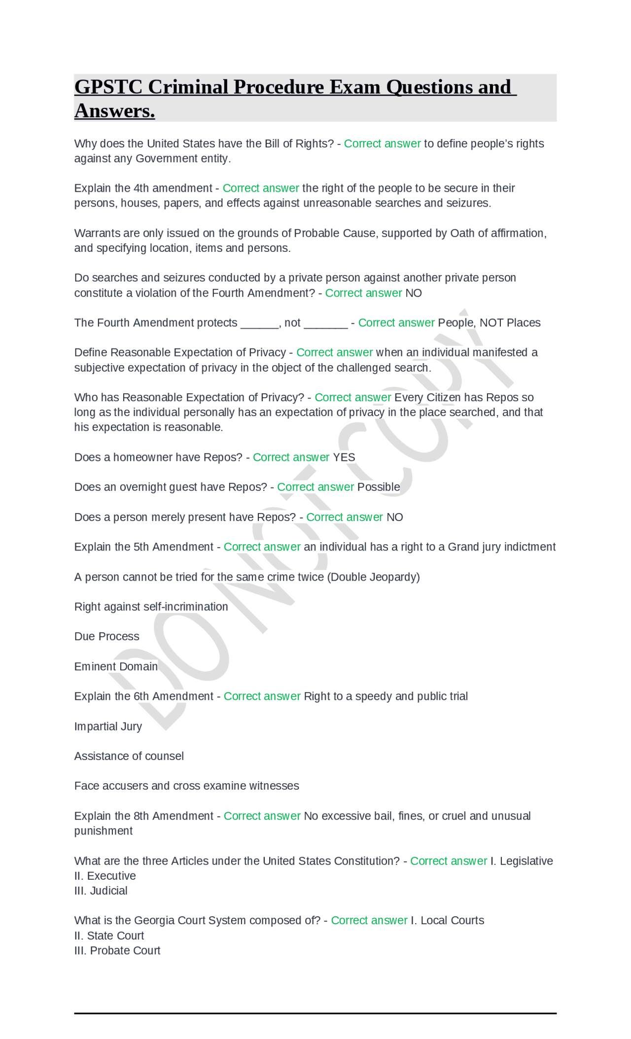 GPSTC Criminal Procedure Exam Questions and Answers. | Exams Criminal procedure | Docsity