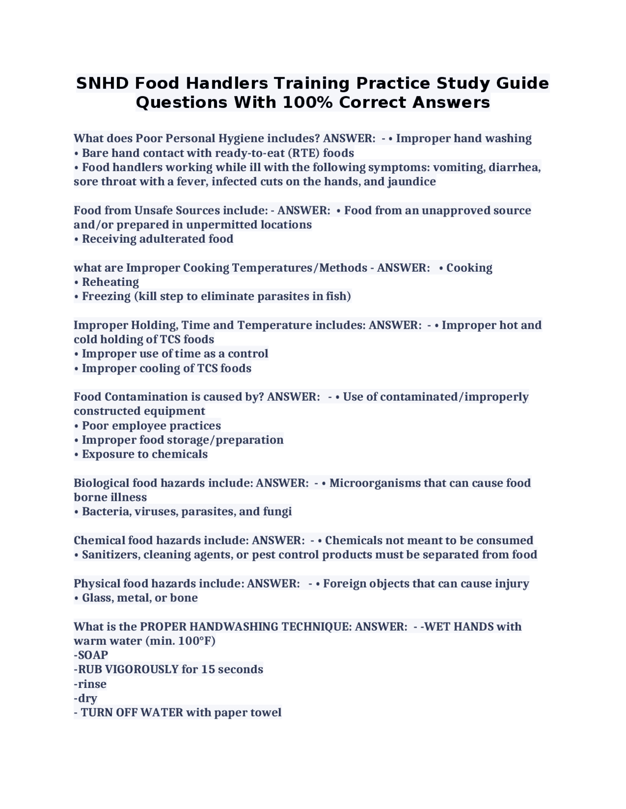 SNHD Food Handlers Training Practice Study Guide Questions With 100% ...