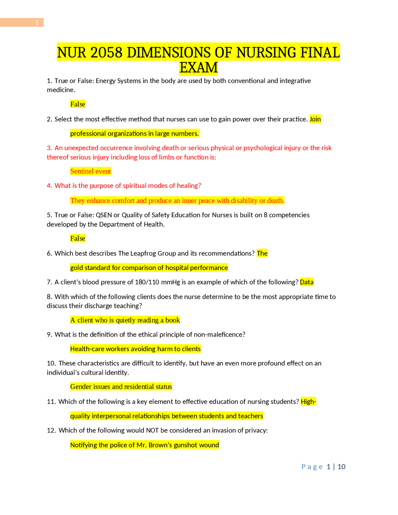 NUR 2058 DIMENSIONS OF NURSING FINAL EXAM | Exams Nursing | Docsity