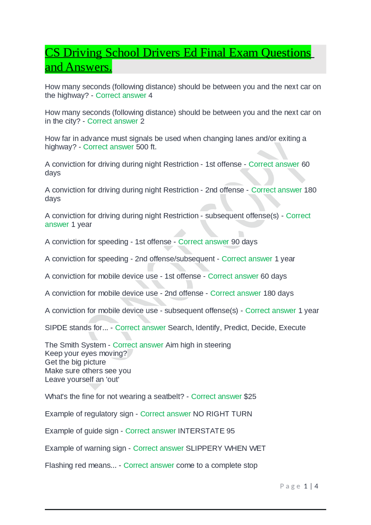 CS Driving School Drivers Ed Final Exam Questions and Answers. | Exams ...