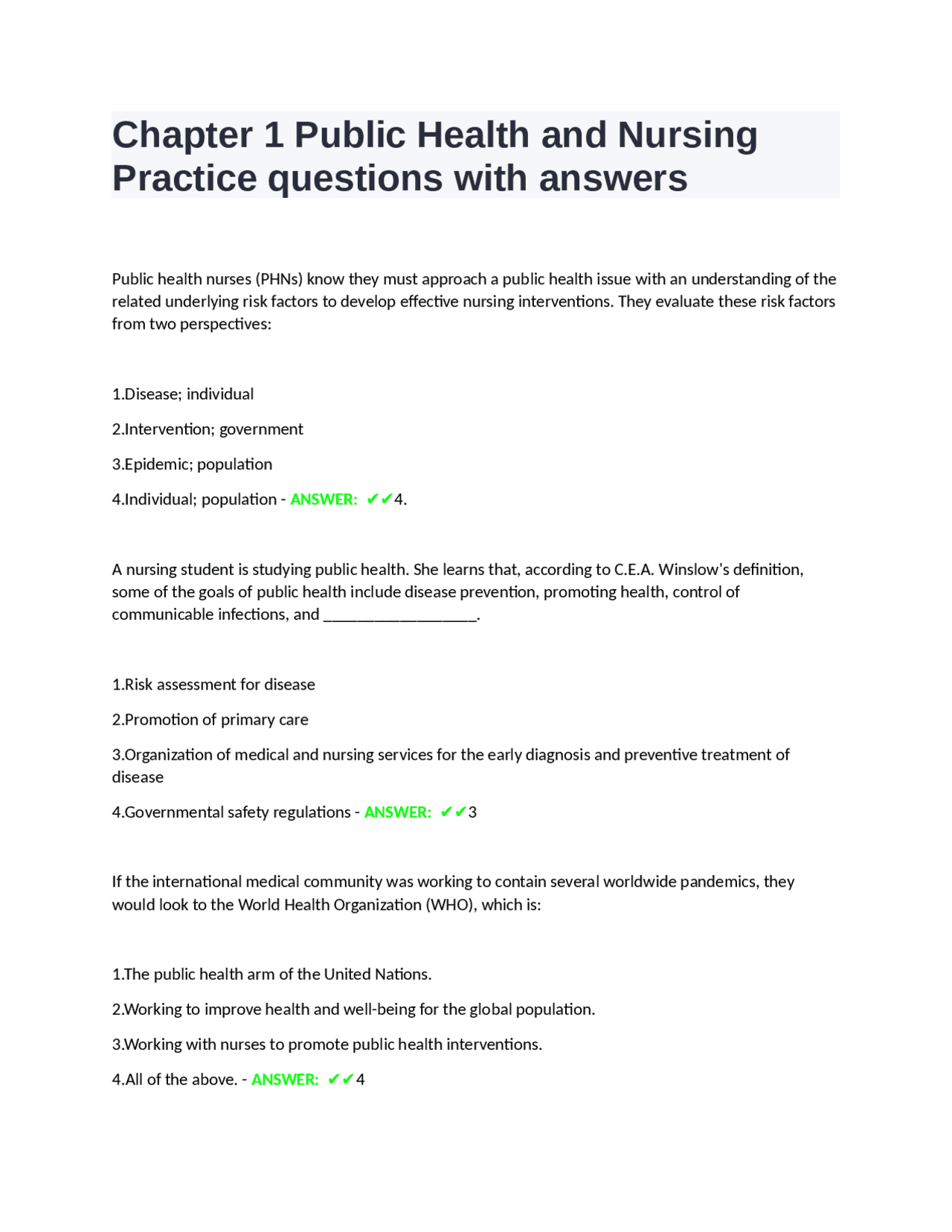 Chapter 1 Public Health and Nursing Practice questions with answers ...