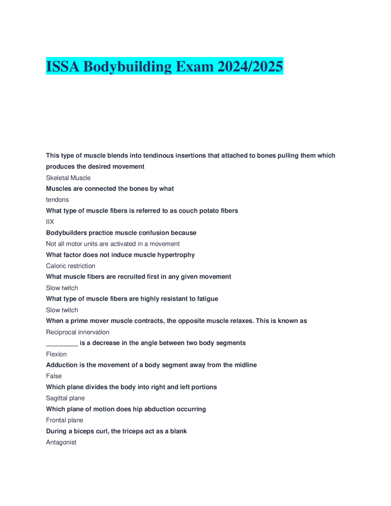 ISSA Bodybuilding Exam 2024/2025 | Exams Nursing | Docsity