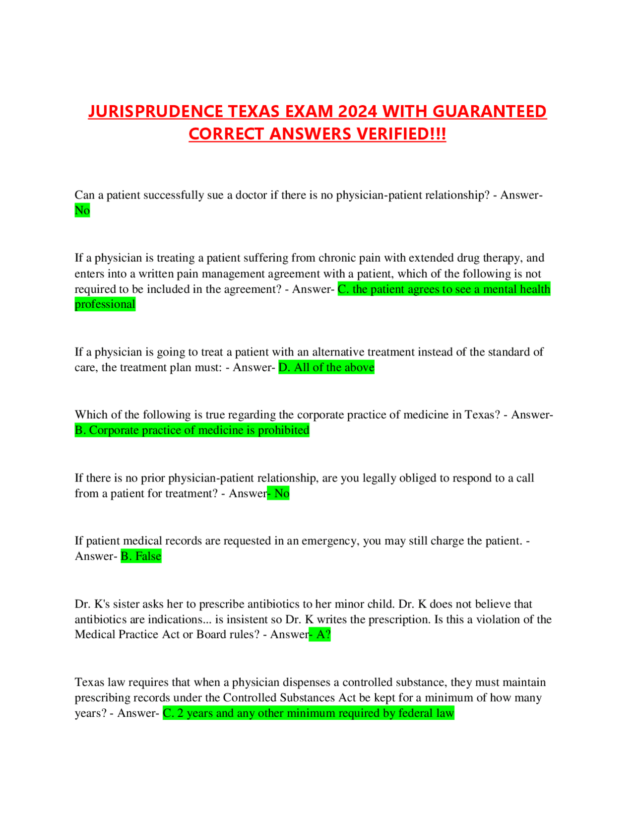 JURISPRUDENCE TEXAS EXAM 2024 WITH GUARANTEED CORRECT ANSWERS VERIFIED ...
