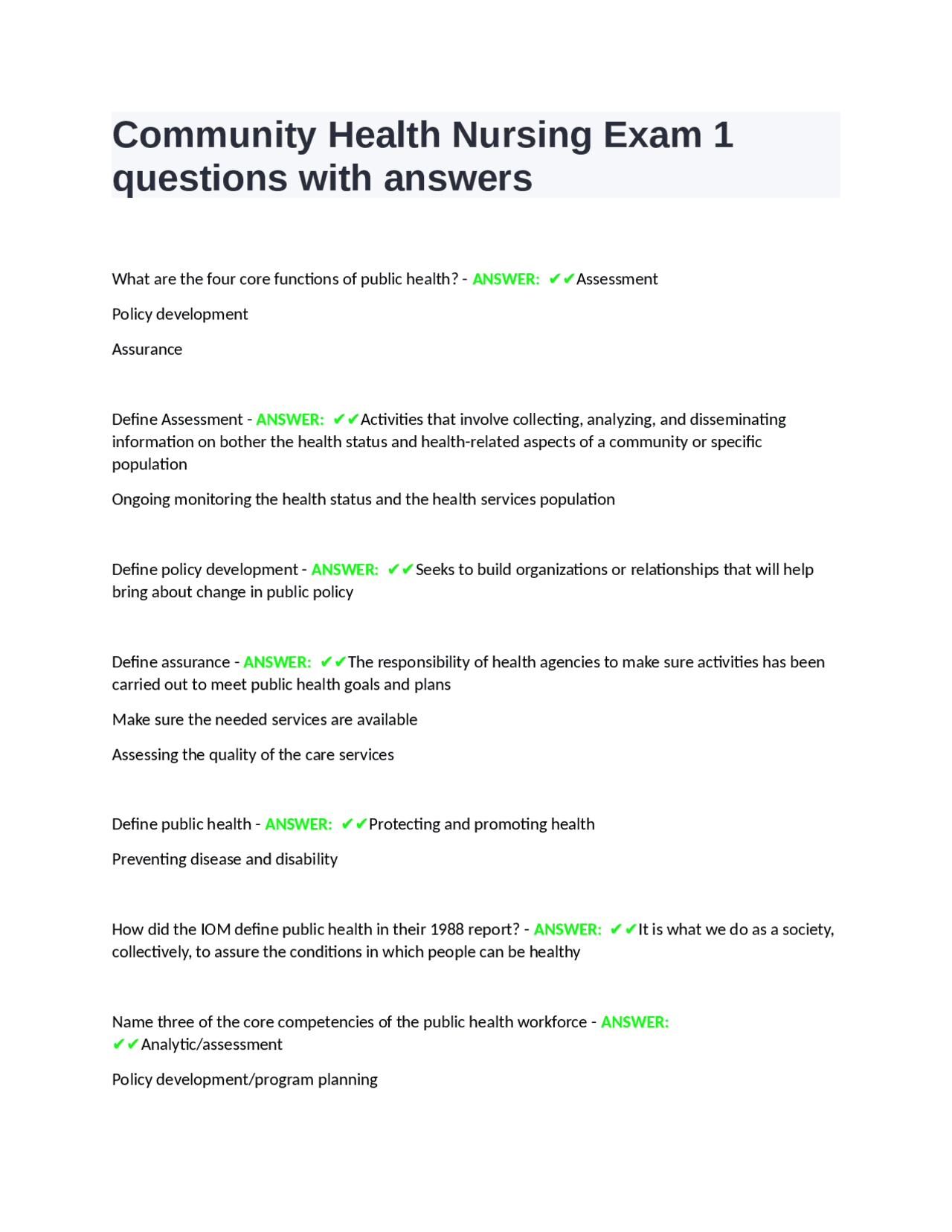 Community Health Nursing Exam 1 questions with answers | Exams Nursing ...