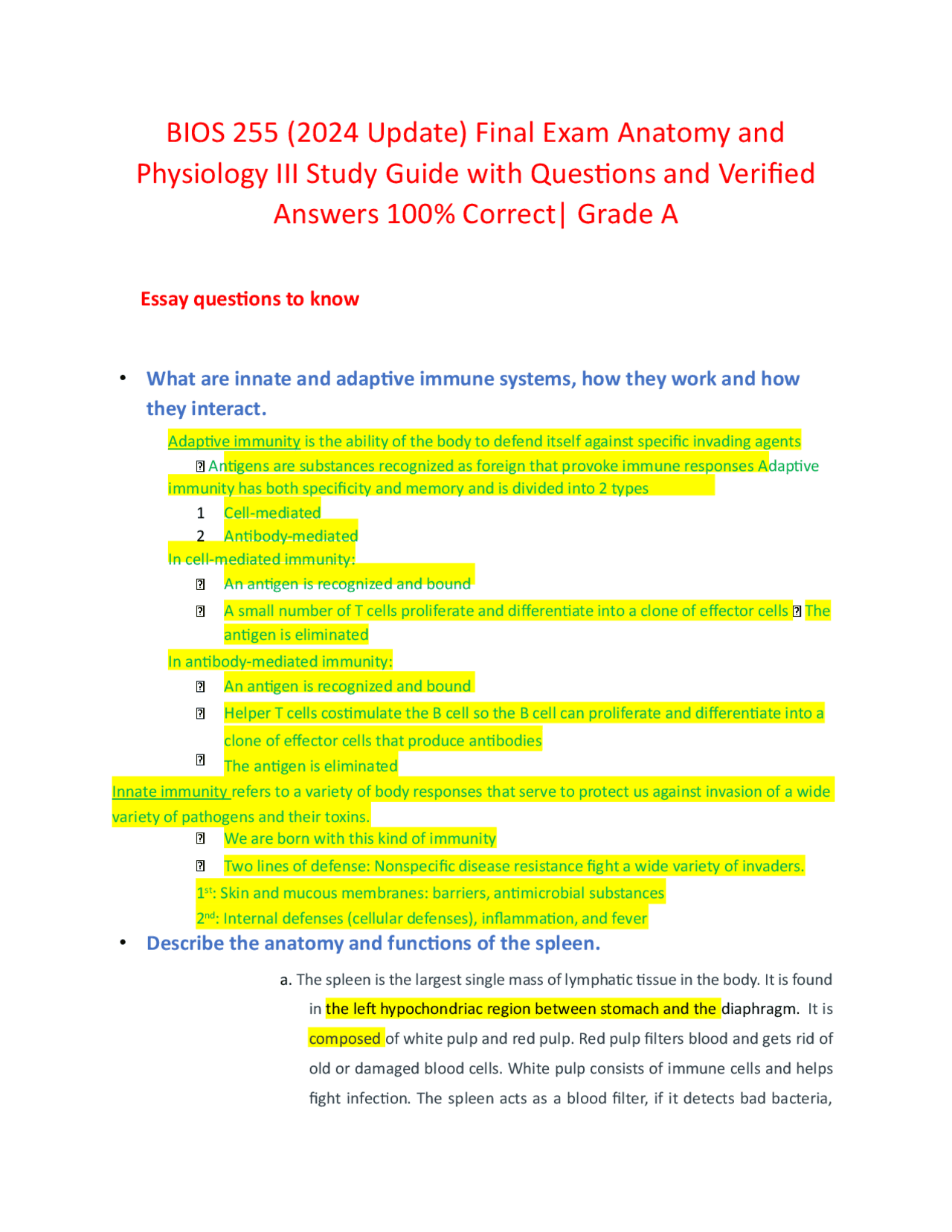 BIOS 255 (2024 Update) Final Exam Anatomy and Physiology III Study ...